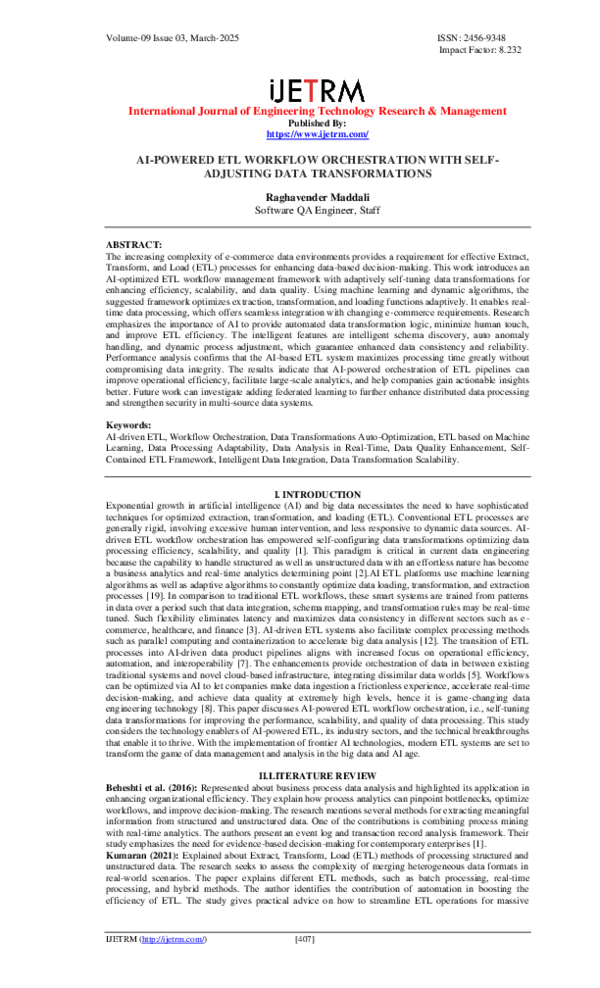 (PDF) AI-POWERED ETL WORKFLOW ORCHESTRATION WITH SELFADJUSTING DATA TRANSFORMATIONS