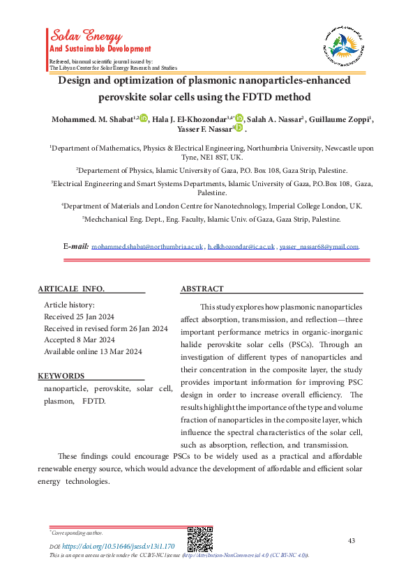 (PDF) Design and Optimization of Plasmonic Nanoparticles-Enhanced Perovskite Solar Cells Using ...