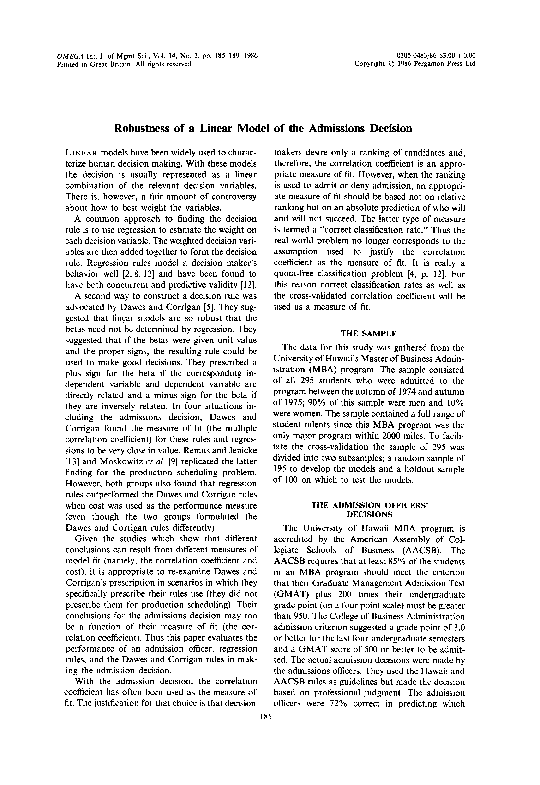 (PDF) Robustness of a linear model of the admissions decision