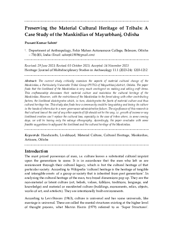 (PDF) Preserving the Material Cultural Heritage of Tribals: A Case ...