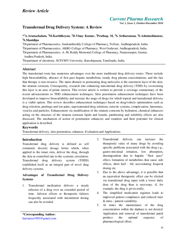 (PDF) Transdermal Drug Delivery System: A Review