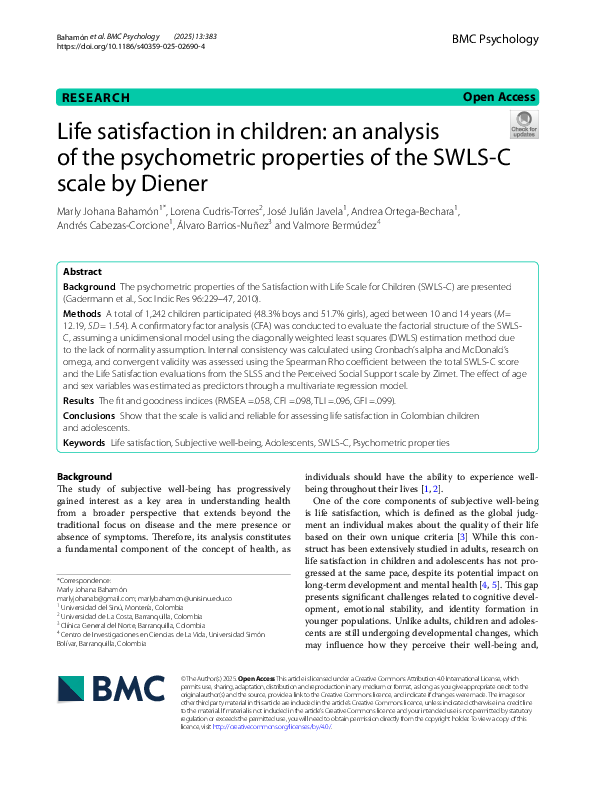 (PDF) Life satisfaction in children: an analysis of the psychometric ...