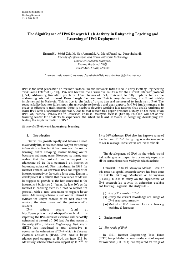 (PDF) The Significance of IPv6 Research Lab Activity in Enhancing Teaching and Learning of IPv6 ...