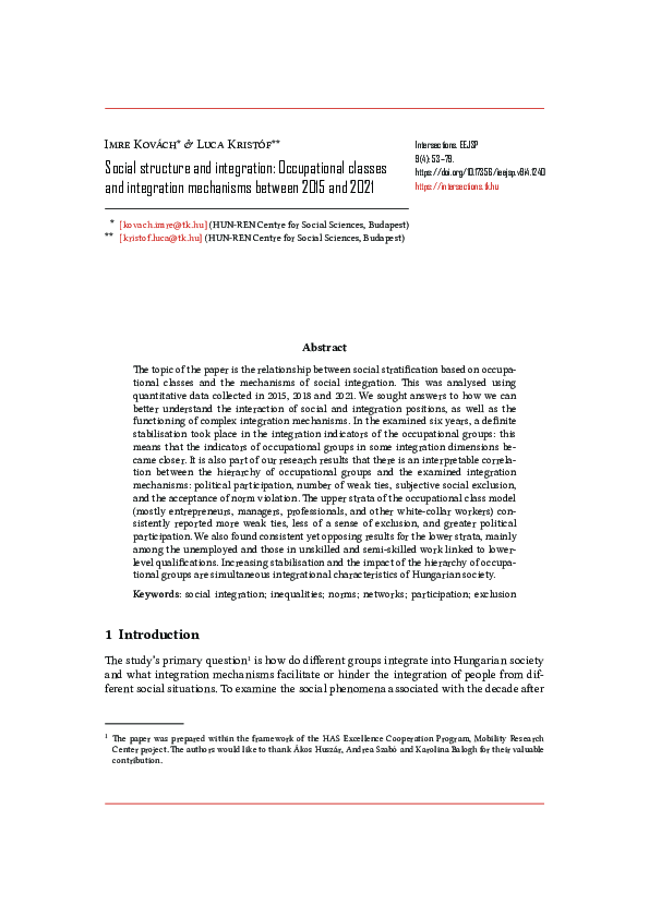 (PDF) Social structure and integration: Occupational classes and integration mechanisms between ...