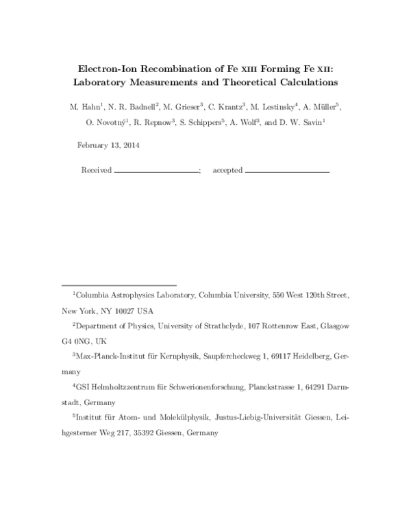 (PDF) ELECTRON-ION RECOMBINATION OF Fe12 +FORMING Fe11 +: LABORATORY MEASUREMENTS AND ...