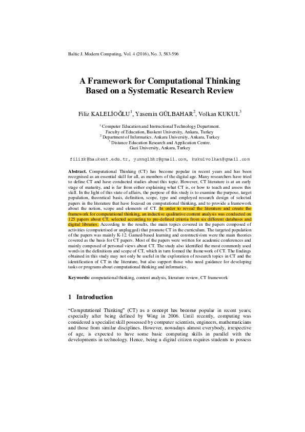 Pdf A Framework For Computational Thinking Based On A Systematic Research Review