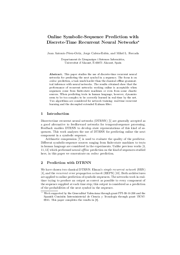 (PDF) Online Symbolic-Sequence Prediction with Discrete-Time Recurrent Neural Networks