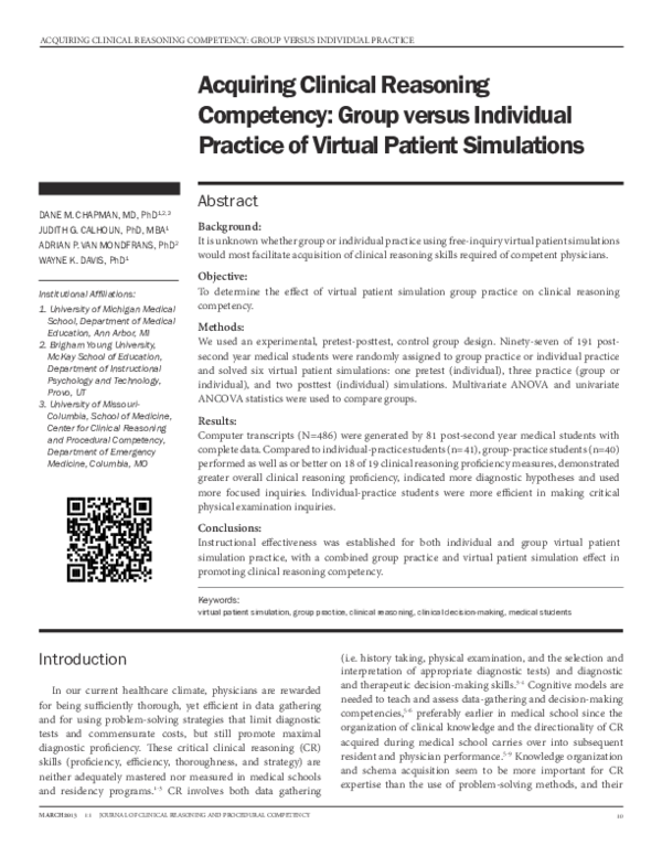 (PDF) Acquiring Clinical Reasoning Competency: Group versus Individual ...