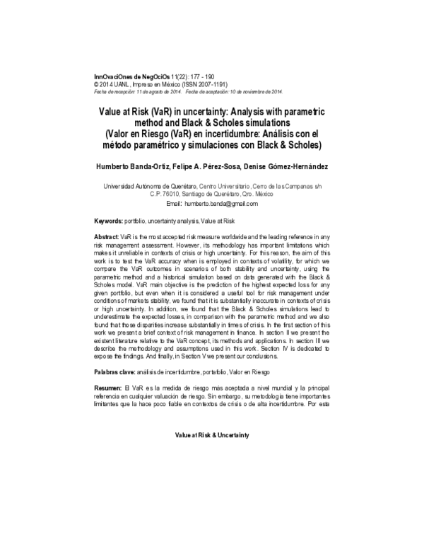 (PDF) Value at Risk (VaR) in uncertainty: Analysis with parametric ...