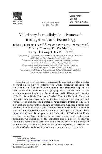 (PDF) Veterinary hemodialysis: advances in management and technology