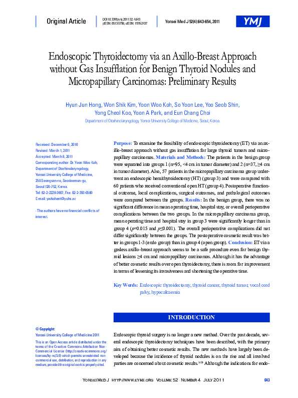 (PDF) Endoscopic Thyroidectomy via an Axillo-Breast Approach without ...