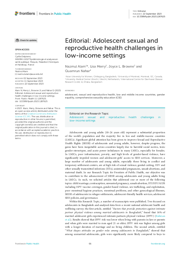 (PDF) Editorial: Adolescent sexual and reproductive health challenges ...