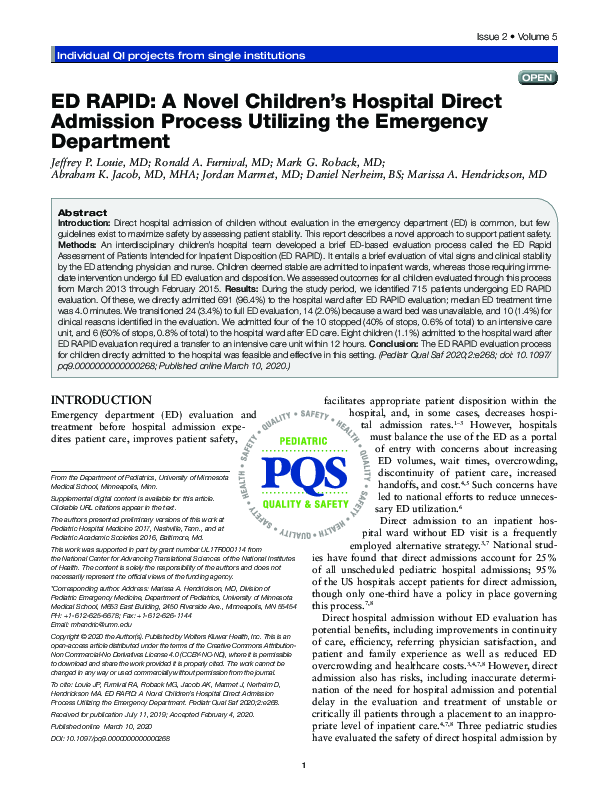 (PDF) ED RAPID: A Novel Children’s Hospital Direct Admission Process ...