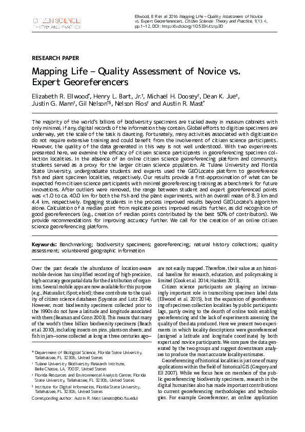 (PDF) Mapping Life – Quality Assessment of Novice vs. Expert Georeferencers