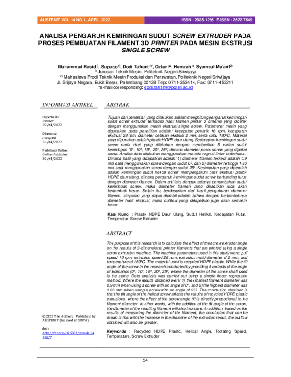(PDF) Analisa Pengaruh Kemiringan Sudut Screw Extruder Pada Proses Pembuatan Filament 3D Printer ...