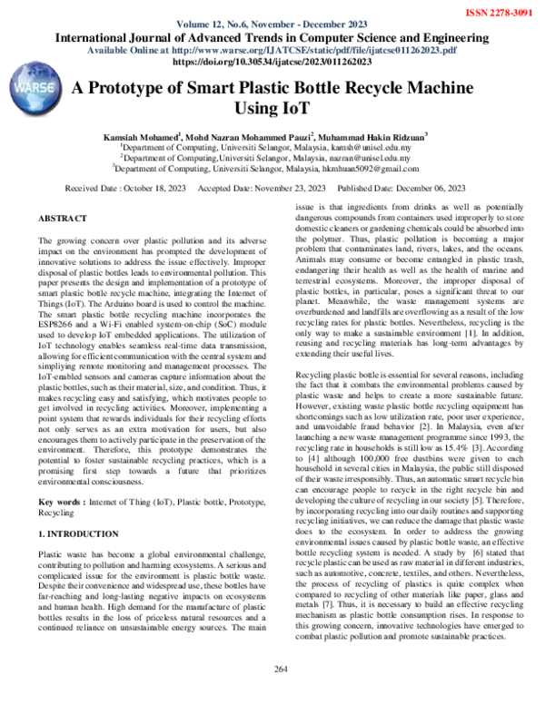 (PDF) A Prototype of Smart Plastic Bottle Recycle Machine Using IoT