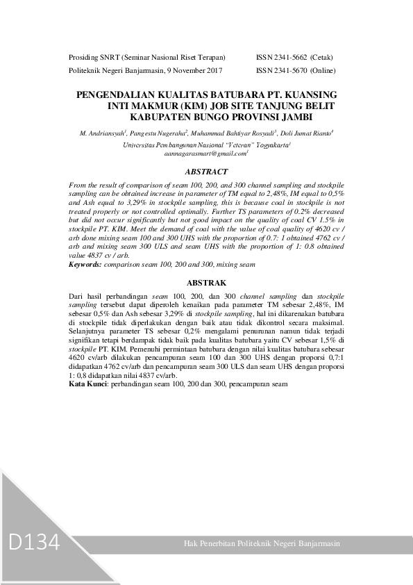 (PDF) Quality Control of Coal of Pt. Kuansing Inti Makmur (Kim) at Job ...