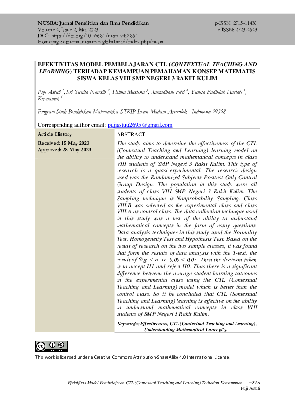 (PDF) Efektivitas Model Pembelajaran CTL (Contextual Teaching and Learning) Terhadap Kemampuan ...