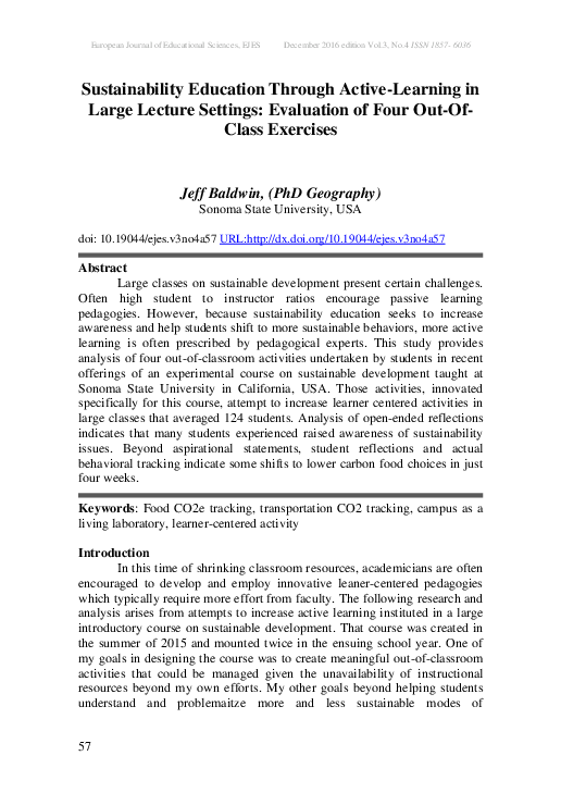 (PDF) Sustainability Education Through Active-Learning in Large Lecture Settings: Evaluation of ...