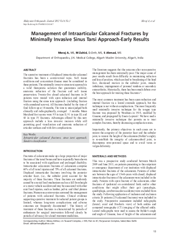 (PDF) Management of intraarticular calcaneal fractures by minimally ...
