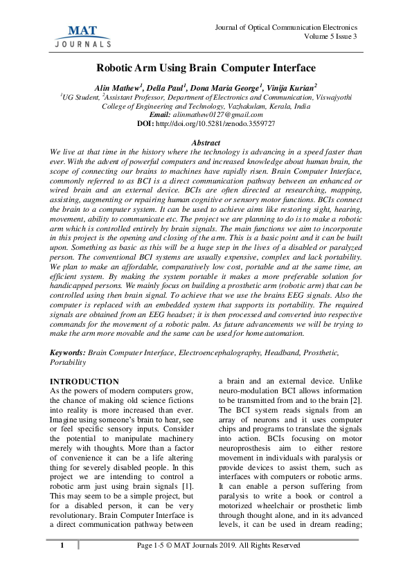 (PDF) Robotic Arm Using Brain Computer Interface