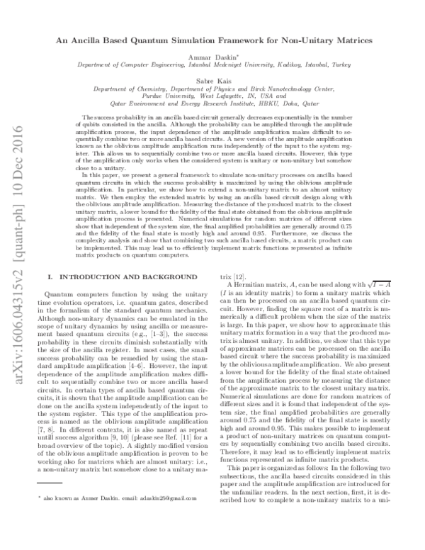(PDF) An ancilla-based quantum simulation framework for non-unitary ...