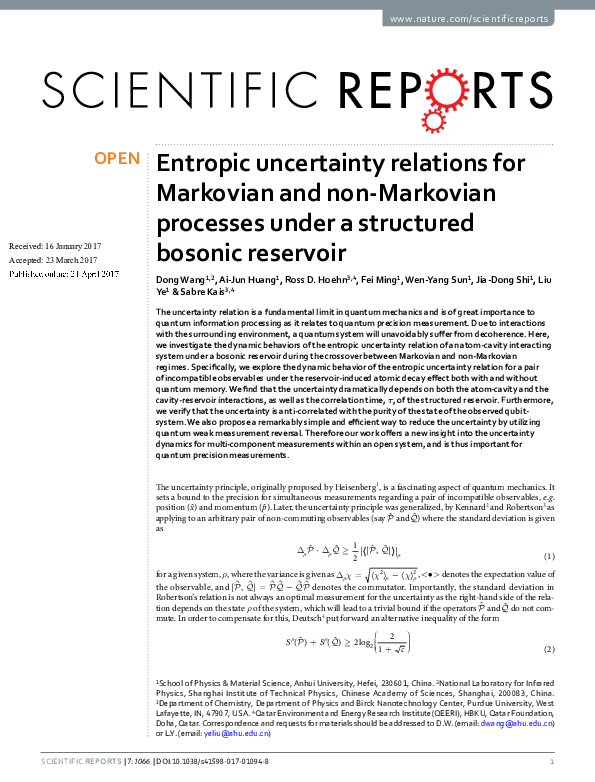 (PDF) Entropic uncertainty relations for Markovian and non-Markovian processes under a ...
