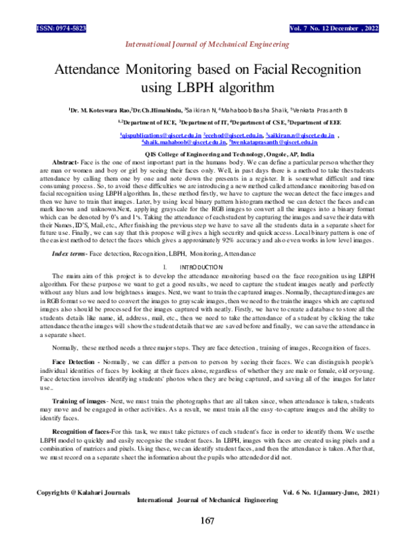 (PDF) Attendance Monitoring based on Facial Recognition using LBPH algorithm