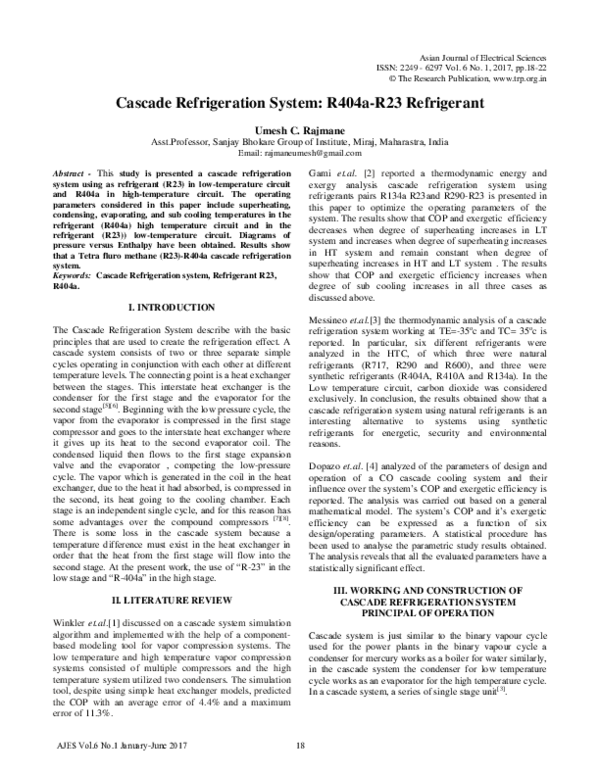 (PDF) Cascade Refrigeration System: R404a-R23 Refrigerant