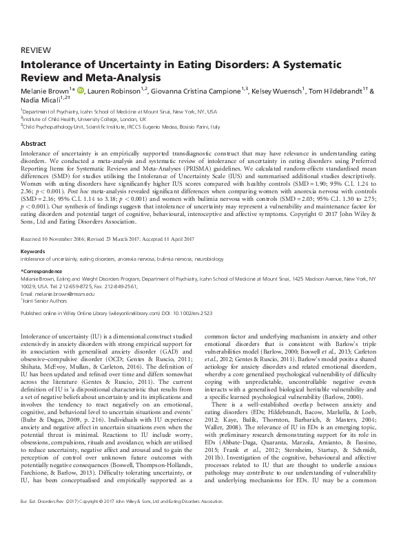(PDF) Intolerance of Uncertainty in Eating Disorders: A Systematic ...