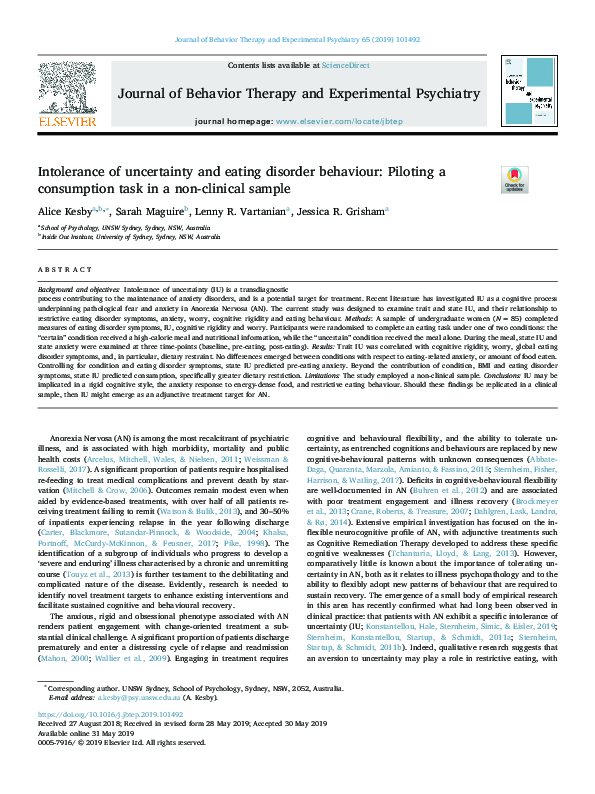 (PDF) Intolerance of uncertainty and eating disorder behaviour ...