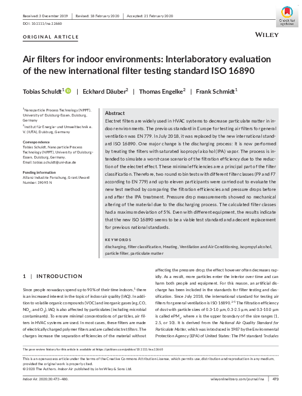 (PDF) Air filters for indoor environments: Interlaboratory evaluation ...