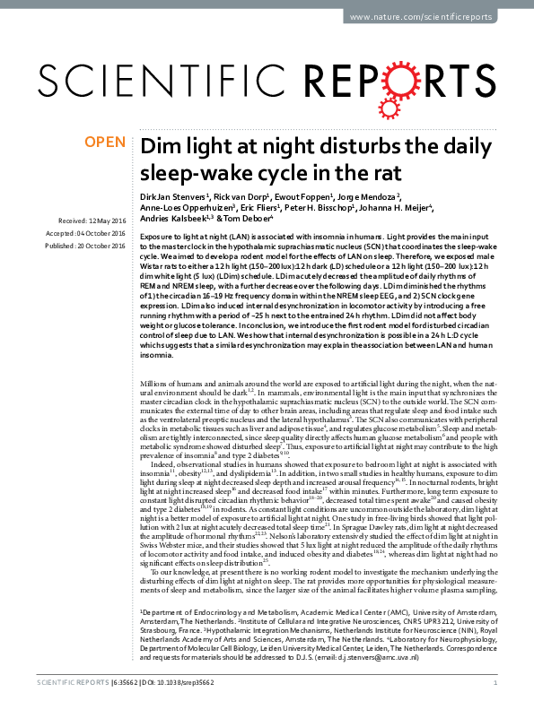 (PDF) Dim light at night disturbs the daily sleep-wake cycle in the rat