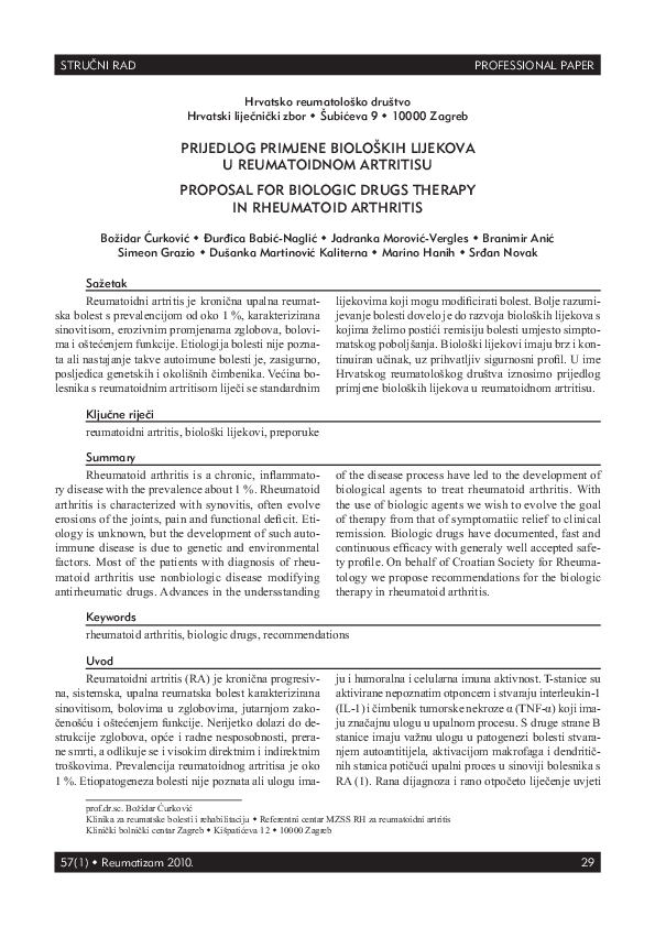 (PDF) Prijedlog primjene bioloških lijekova u reumatoidnom artritisu