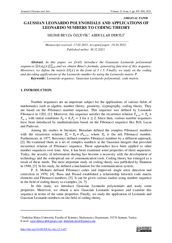 (PDF) Gaussian Leonardo Polynomials and Applications of Leonardo Numbers to Coding Theory