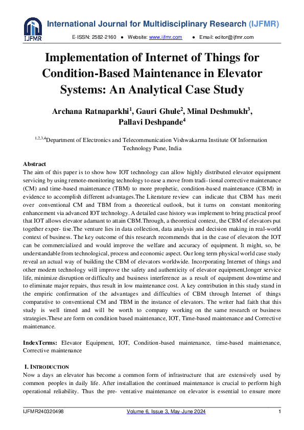 (PDF) Implementation of Internet of Things for Condition-Based Maintenance in Elevator Systems ...
