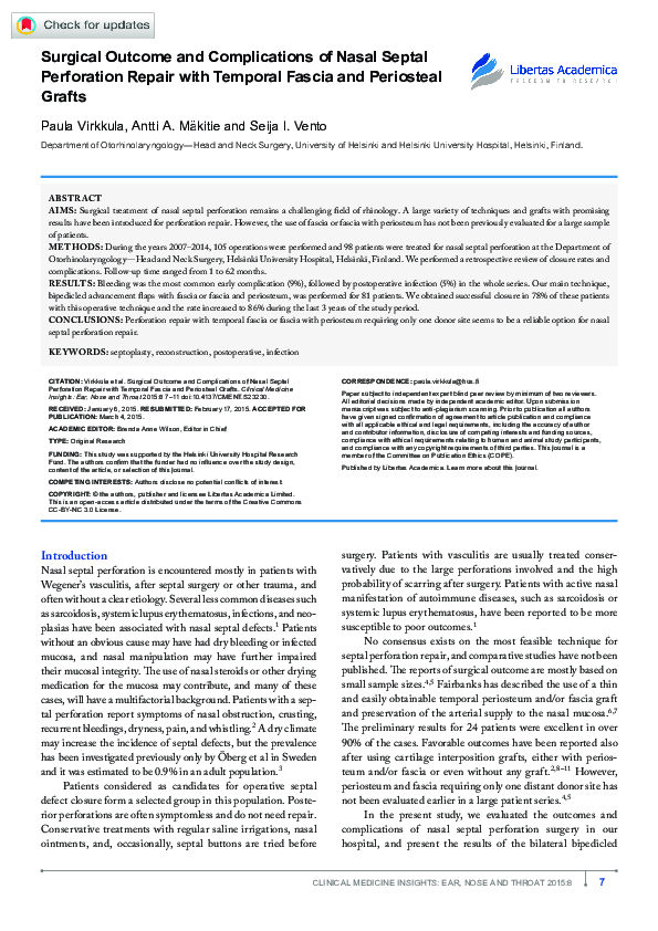 (PDF) Surgical Outcome and Complications of Nasal Septal Perforation ...