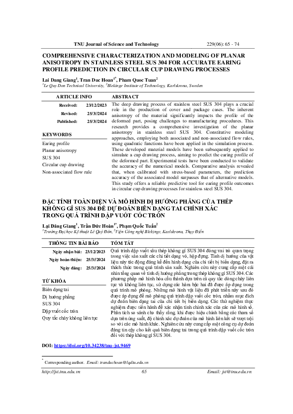 (PDF) COMPREHENSIVE CHARACTERIZATION AND MODELING OF PLANAR ANISOTROPY IN STAINLESS STEEL SUS ...