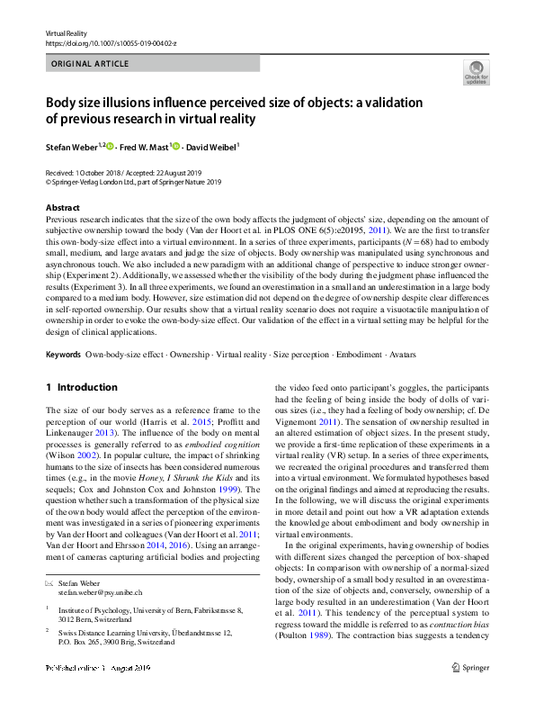 (PDF) Body size illusions influence perceived size of objects: a ...