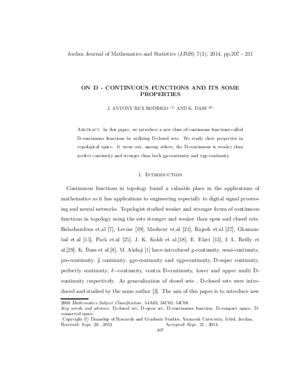 (PDF) On D-Continuous Functions and Its Some Properties