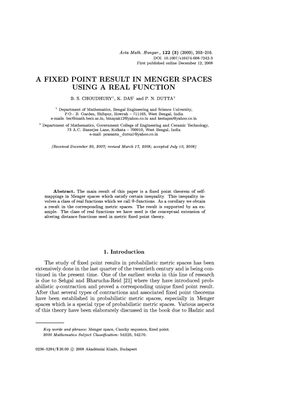 (PDF) A fixed point result in Menger spaces using a real function