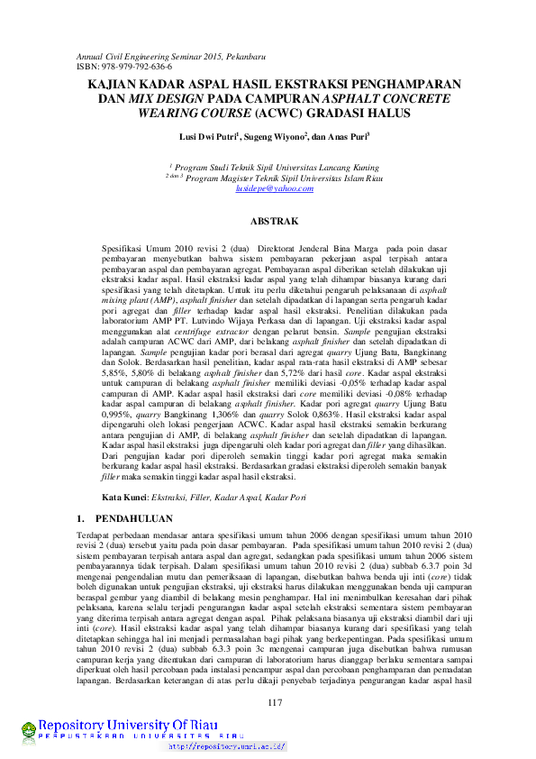 (PDF) Kajian Kadar Aspal Hasil Ekstraksi Penghamparan Dan MIX Design Pada Campuran Asphalt ...