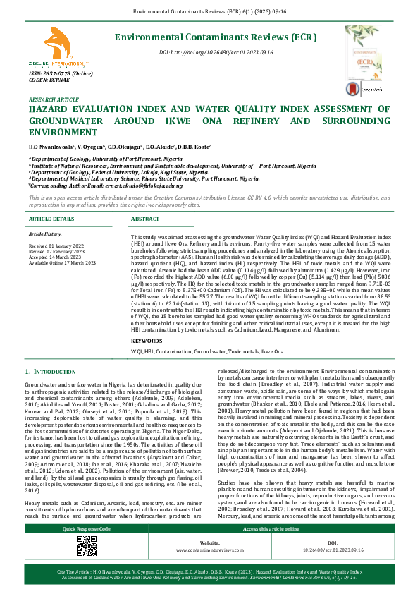 (PDF) Hazard Evaluation Index and Water Quality Index Assessment of Groundwater Around Ikwe Ona ...