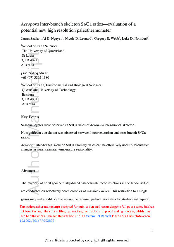 (PDF) Acropora interbranch skeleton Sr/Ca ratios: Evaluation of a ...