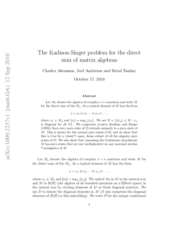 (PDF) The Kadison-Singer problem for the direct sum of matrix algebras