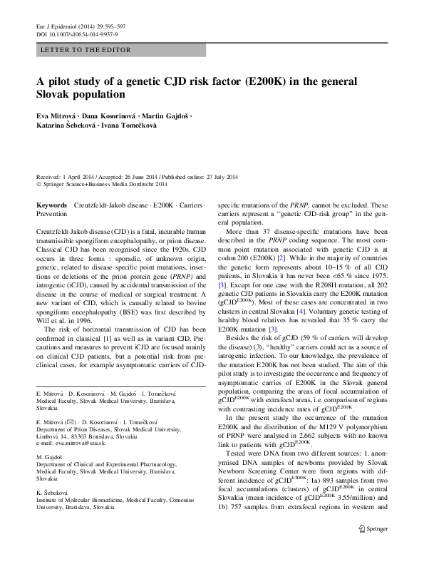 (PDF) A pilot study of a genetic CJD risk factor (E200K) in the general ...
