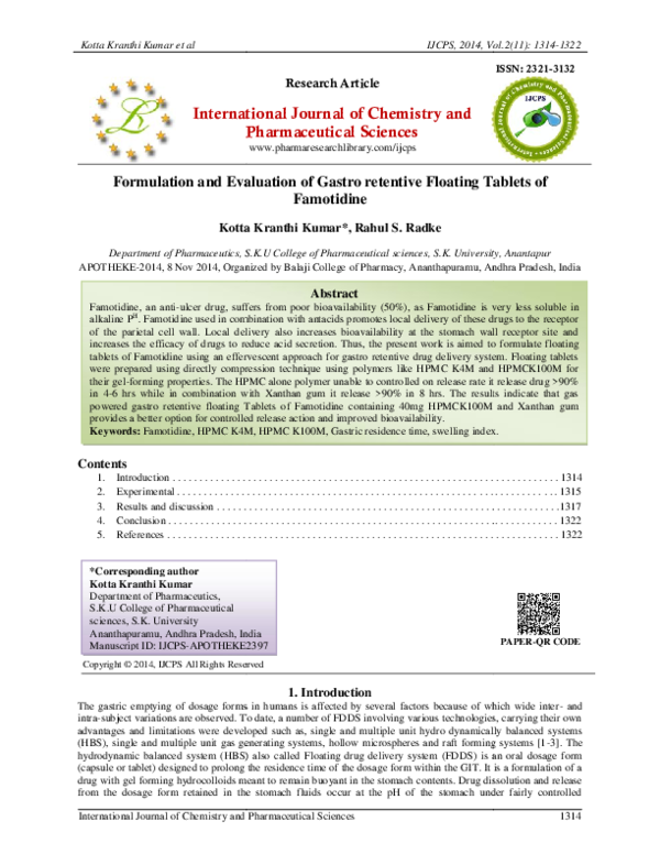 Pdf Formulation And Evaluation Of Gastro Retentive Floating Tablets Of Famotidine