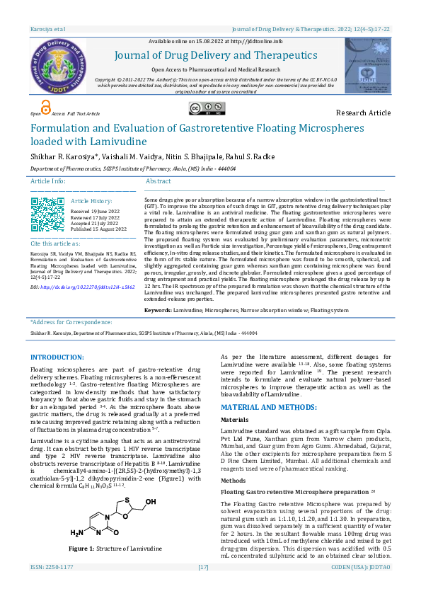 (PDF) Formulation and Evaluation of Gastroretentive Floating Microspheres loaded with Lamivudine