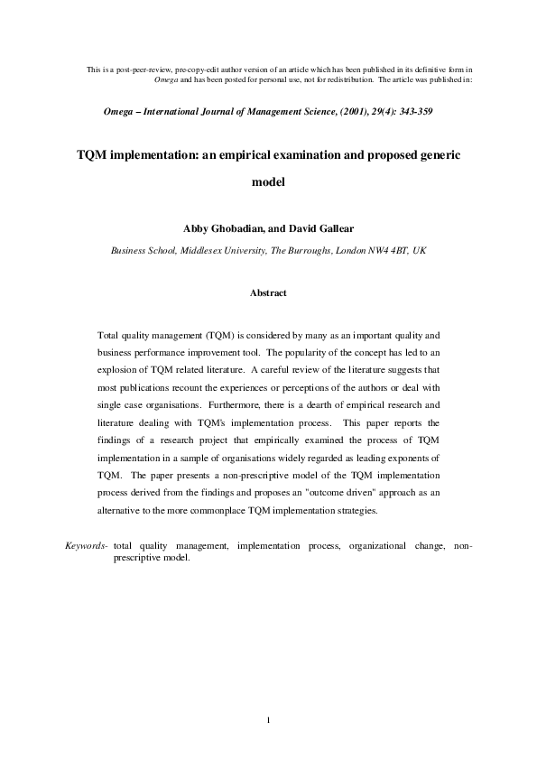 (PDF) TQM implementation: an empirical examination and proposed generic model