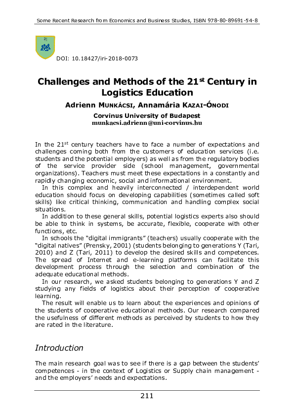 (PDF) Challenges and Methods of the 21st Century in Logistics Education